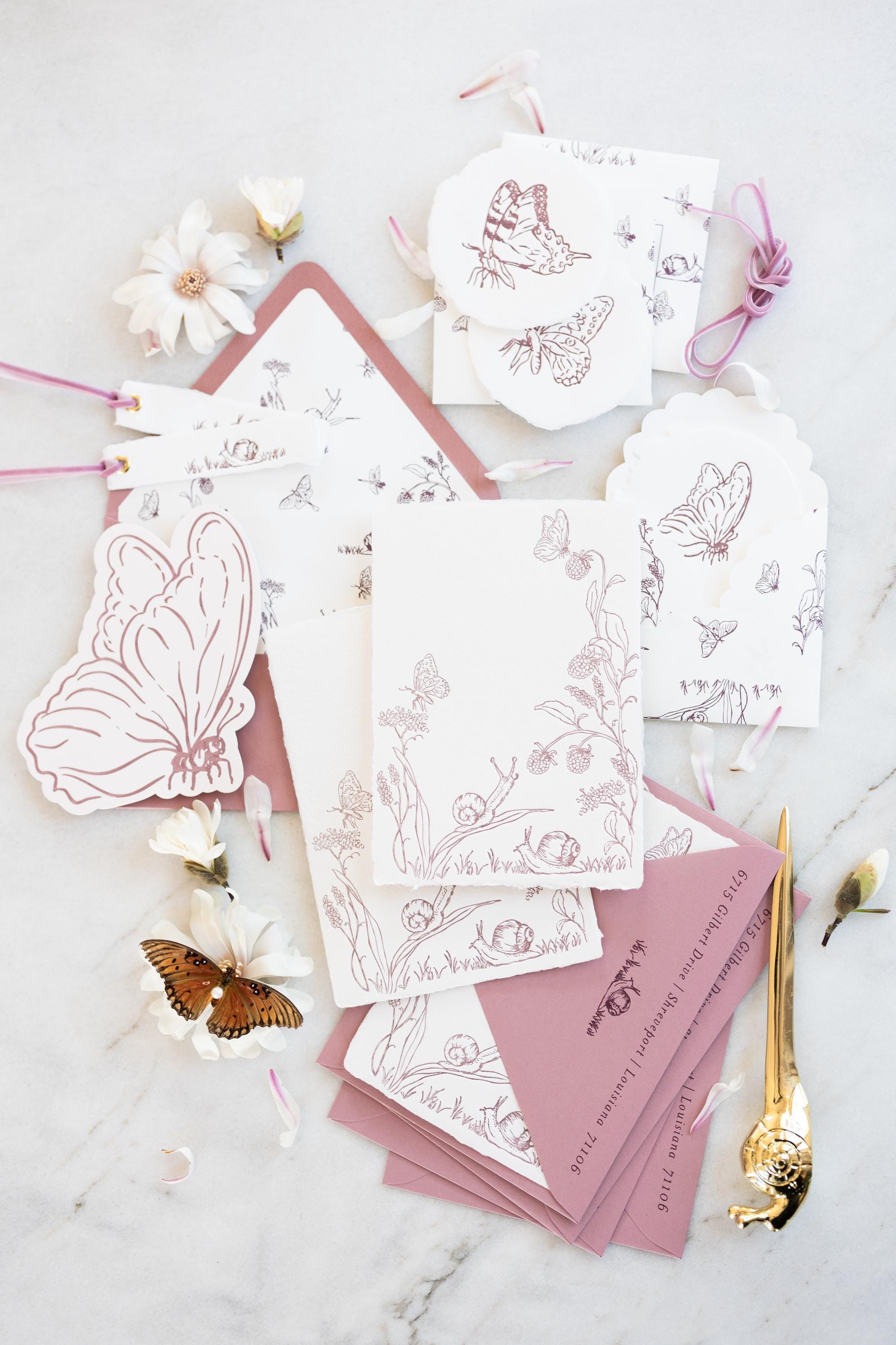 Snail Mail Note Card Set: Hand-drawn Letterpress Stationery, Rose ...