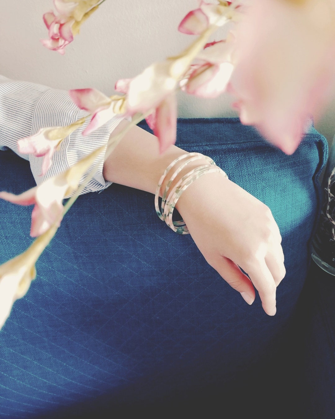 Lisa Light Pink & Green Tortoise Bangle, Tortoise Stacking Bangle Set, Minimalist Tortoise ...