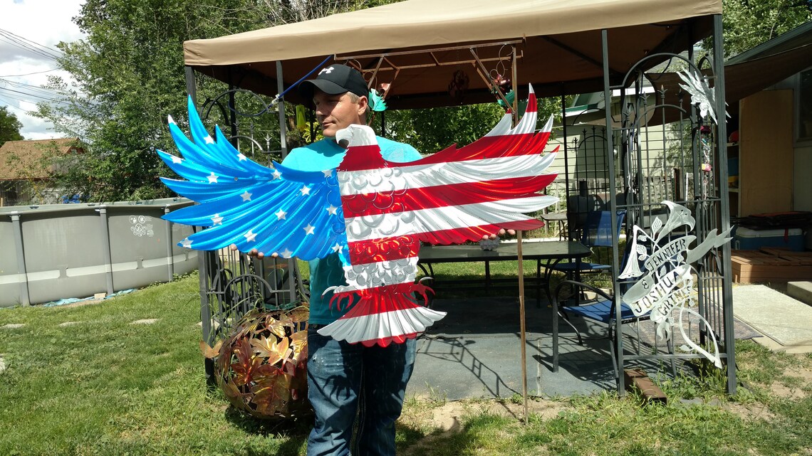 Patio decor American flag sculpture ETSY handmade metal eagle | Etsy