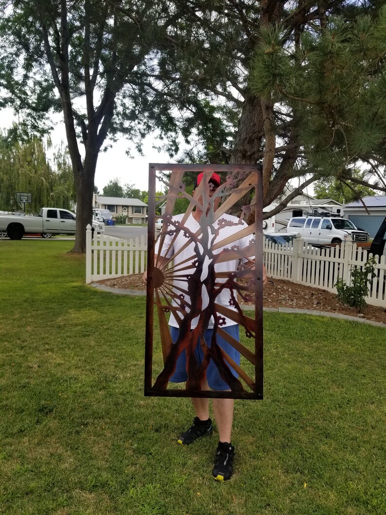 Large Rustic Metal Wall Decor Sun Panel Outdoor Garden Fence Art Tree ...