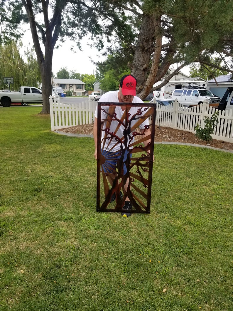 Large Rustic Metal Wall Decor Sun Panel Outdoor Garden Fence Art Tree ...