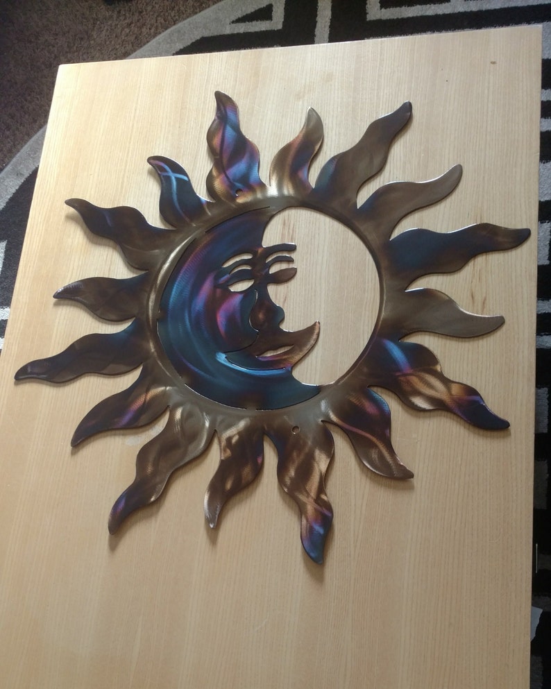 Metal sun with moon metal wall art decor large rustic wall | Etsy