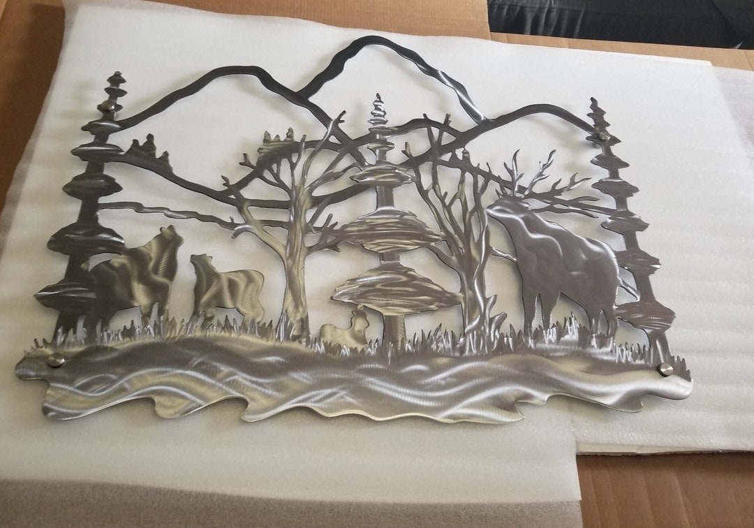 Mountain and Trees Scene Metal Wall Art Elk Home Decor Plasma Cut Wall ...