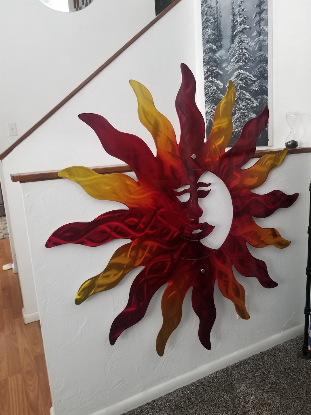 Metal Sun Wall Art Sun With Moon Face Unique Colorful Patina Artwork ...
