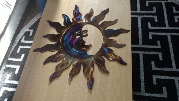 Metal sun with moon metal wall art decor large rustic wall | Etsy