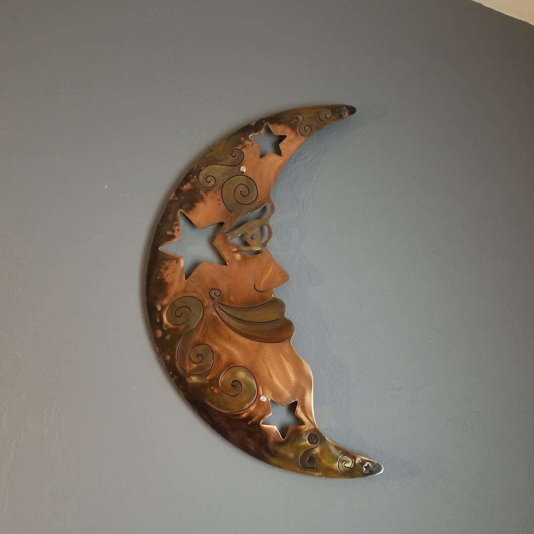 Metal Moon Wall Accent Rustic Moon With Face Recycled Steel Moon ...