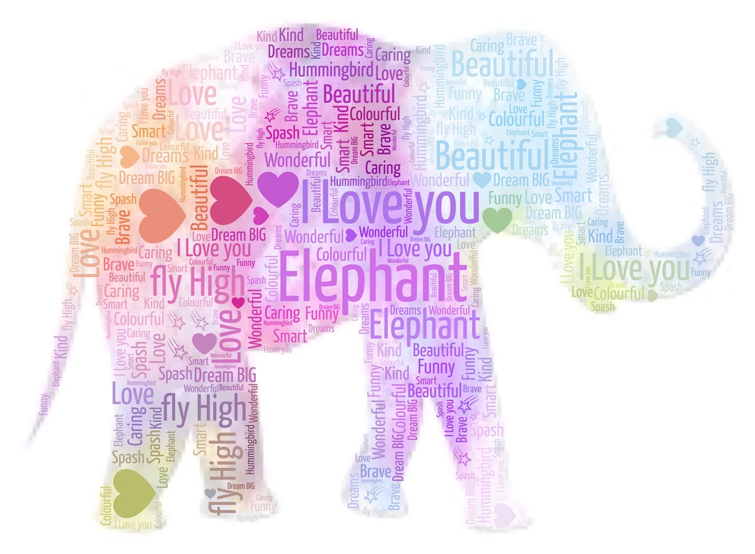 Elephant Themed Word Cloud Digital Art - Customized Gift for Animal ...