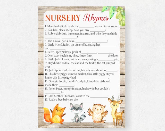 Nursery Rhyme Quiz, Woodland Baby Shower Games, Forest Animals, Wood ...