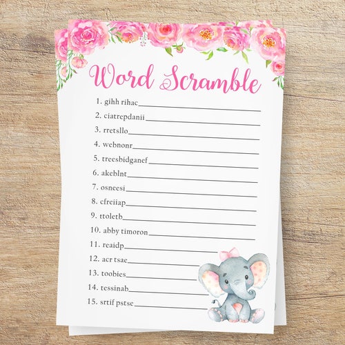 Pink Elephant Word Scramble Baby Shower Game Girl Elephant - Etsy