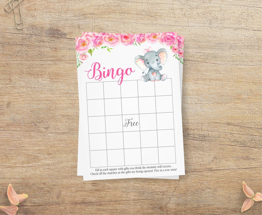 Elephant Baby Bingo, Baby Shower Bingo, Blank Bingo Cards, Girl ...
