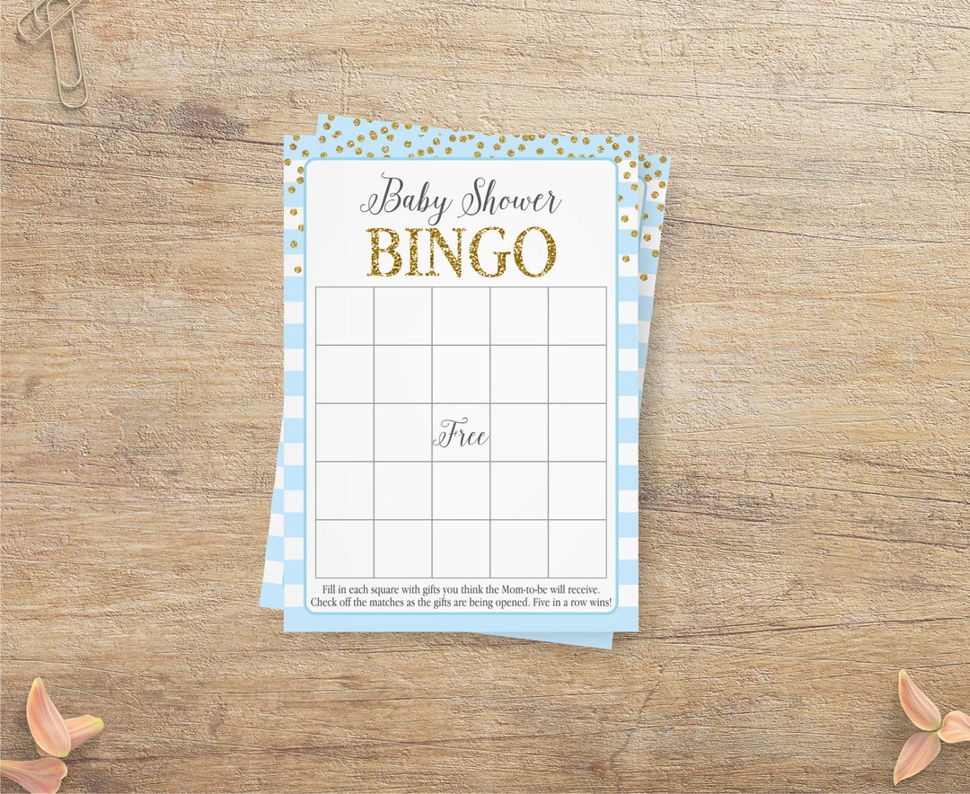 Blue Baby Shower Bingo, Printable Bingo Cards, Light Blue Gold Confetti ...