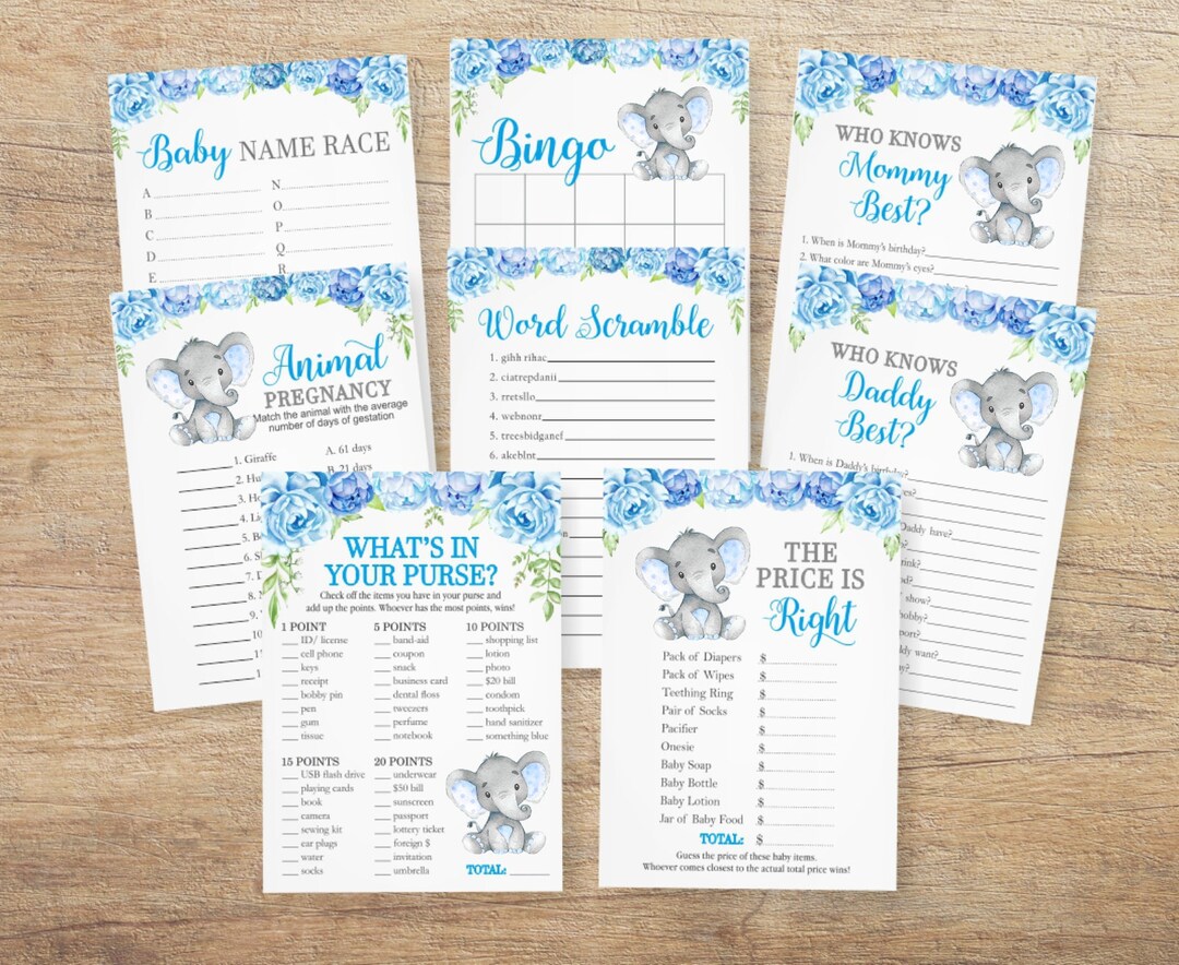 Blue Elephant Games Baby Shower Games Game Package Boy - Etsy