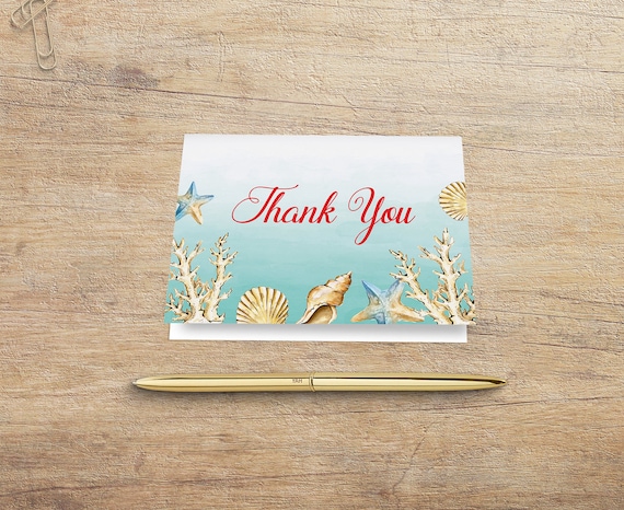 Beach Thank You Card Ocean Sea Thank Note Nautical Blue Red | Etsy