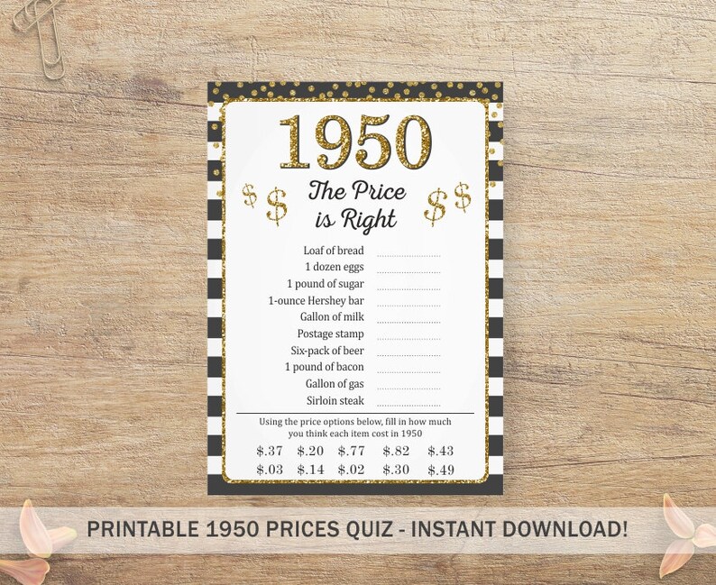1950 Printable Quiz Price Is Right Game Black White Gold | Etsy