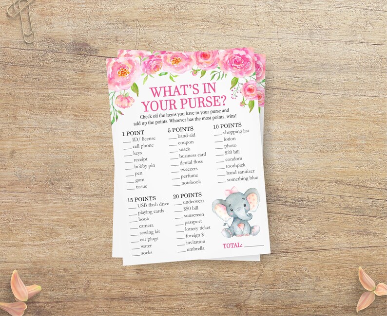 Elephant Baby Shower Games What's in Your Purse Purse | Etsy