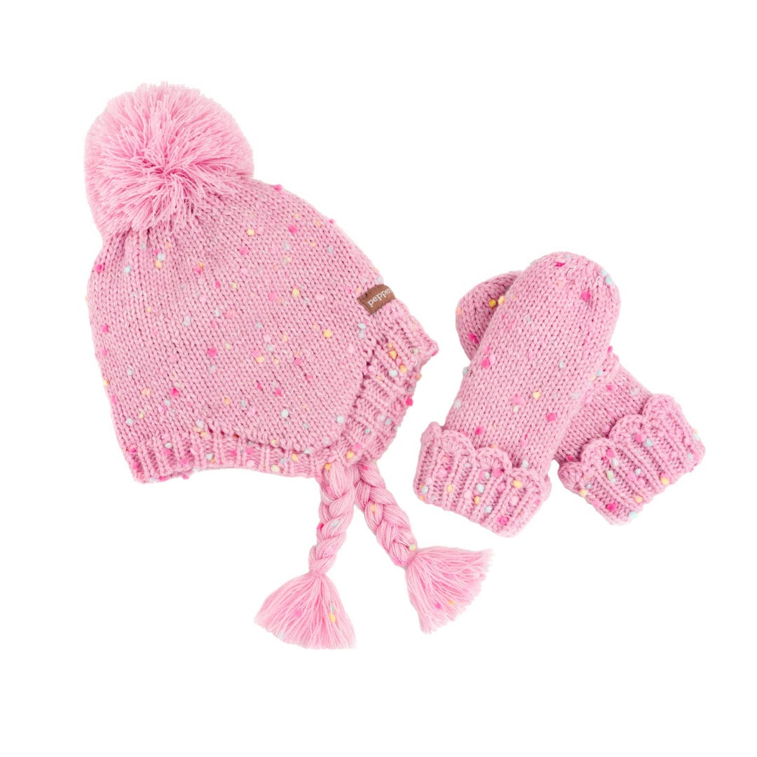 Kids Pink Speckled Knit Hat and Mittens With Lace 2-piece Set for Girls ...