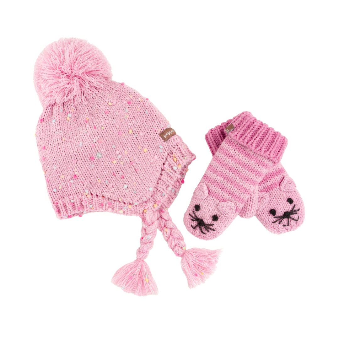 Kids Textured Pink Sprinkle Knitted Hat and Mittens 2-piece Set- for ...