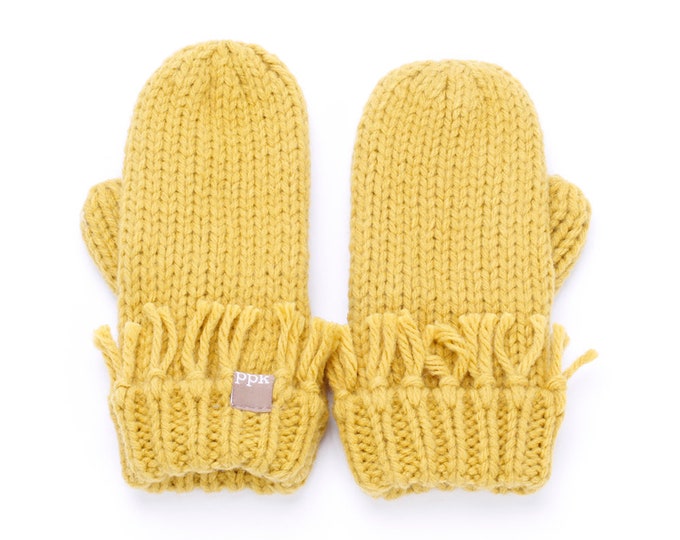 Little Girls Knit Mittens With Fringe ( Fleece Lined) - Mustard (3-6Y ...