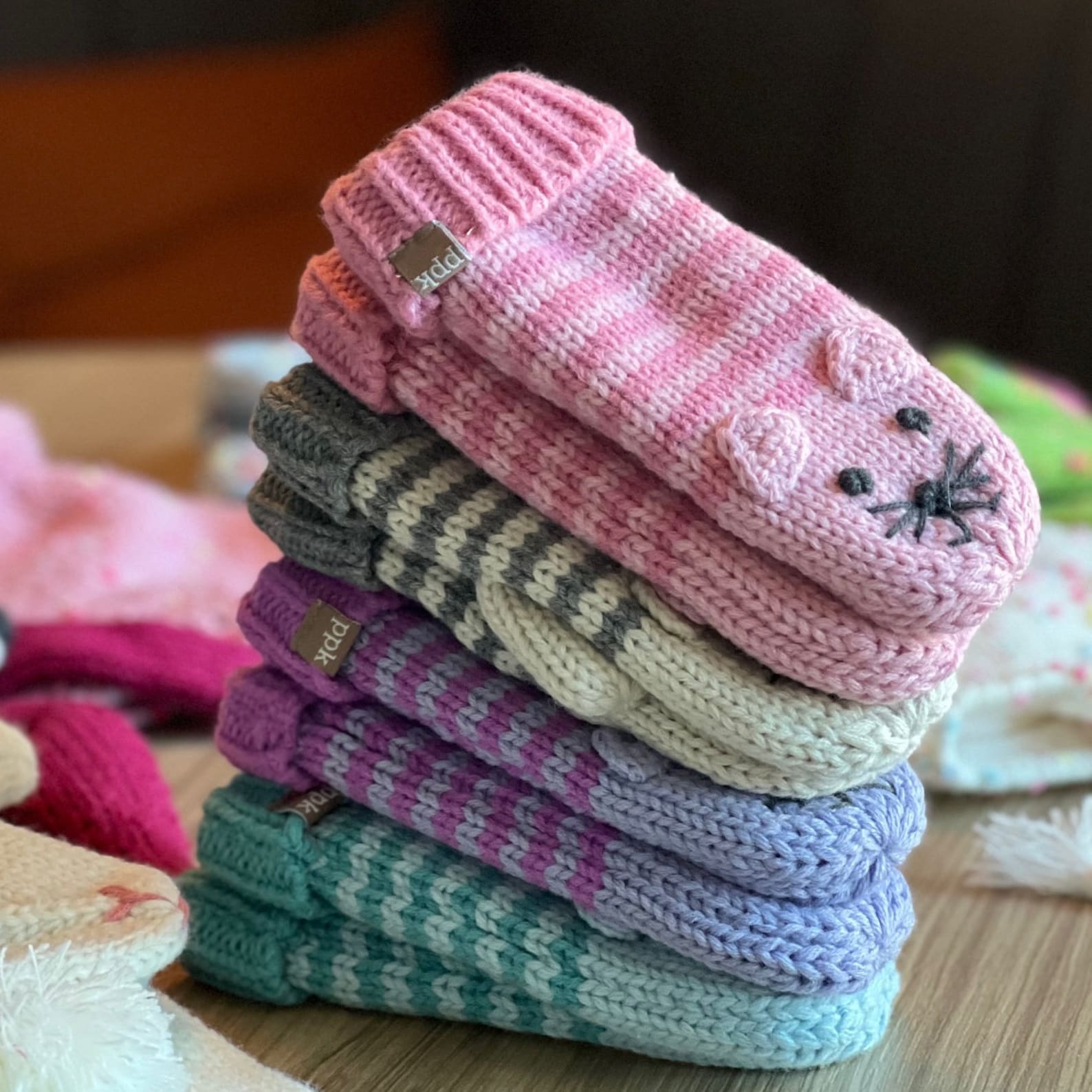 Knitted Kitty Cat Mittens: Fleece Lined, Striped Acrylic Yarn - Etsy