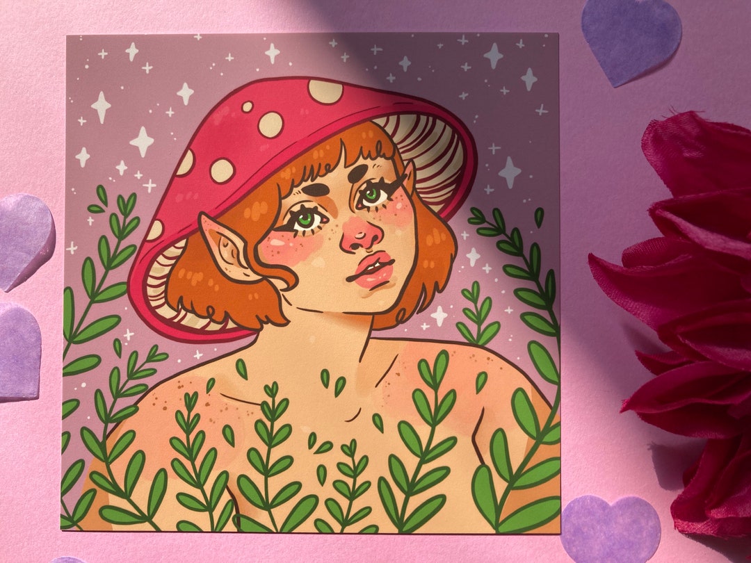Mushroom Hat Elf Illustration Print - Magical Girl Square Art Print - Etsy