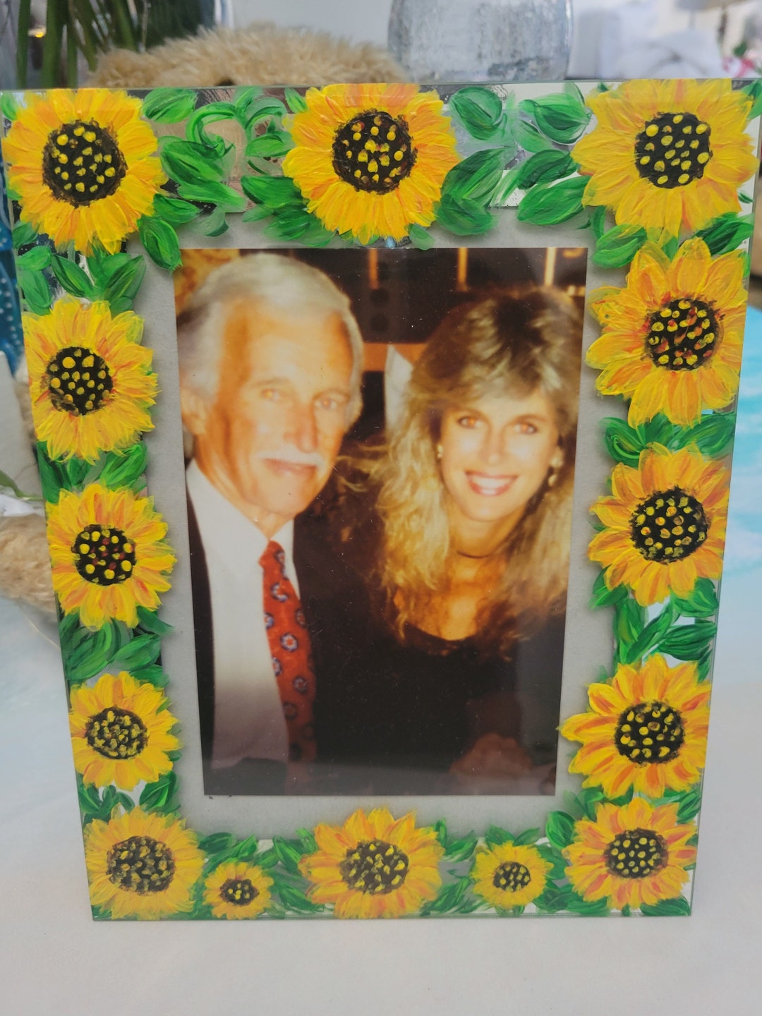 1 Sunflower Glass 5x7 Photo Picture Frame Handpainted Yellow and Orange ...