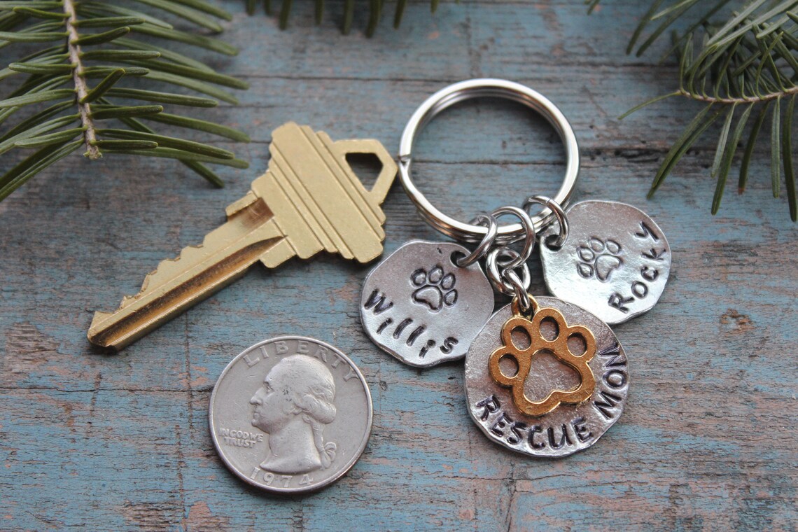 Rescue Mom Key Chain, Personalized Pet Key Chain, Hand Stamped Key ...