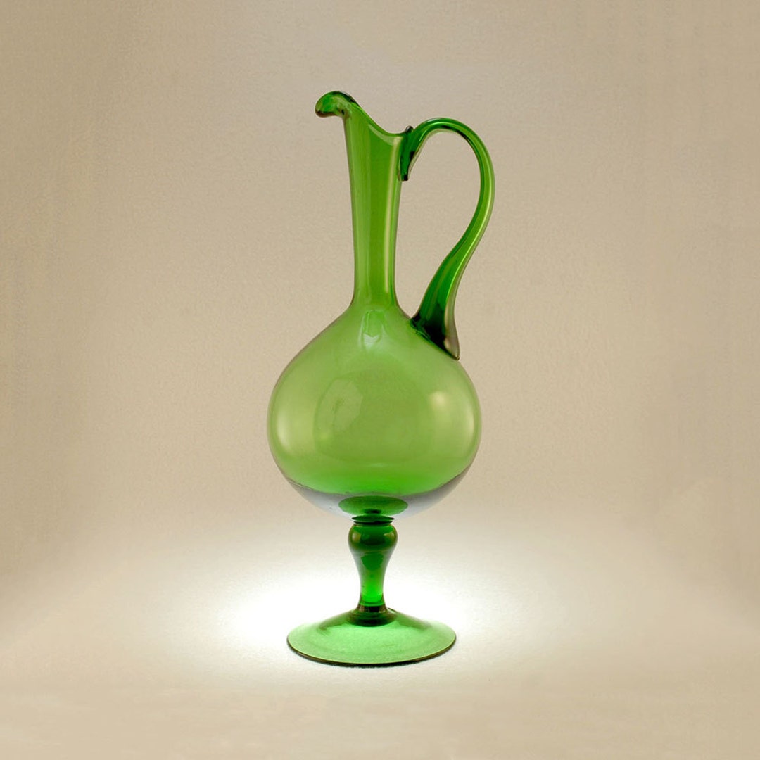 Mid Century Hand Blown Italian Large Footed Green Glass Ewer Pitcher ...