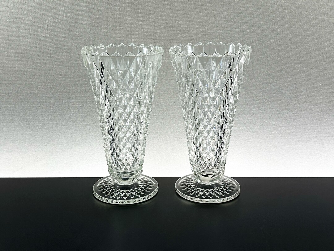 Pair Vintage Indiana Glass Diamond Point Flower Vases; Pattern Pressed ...