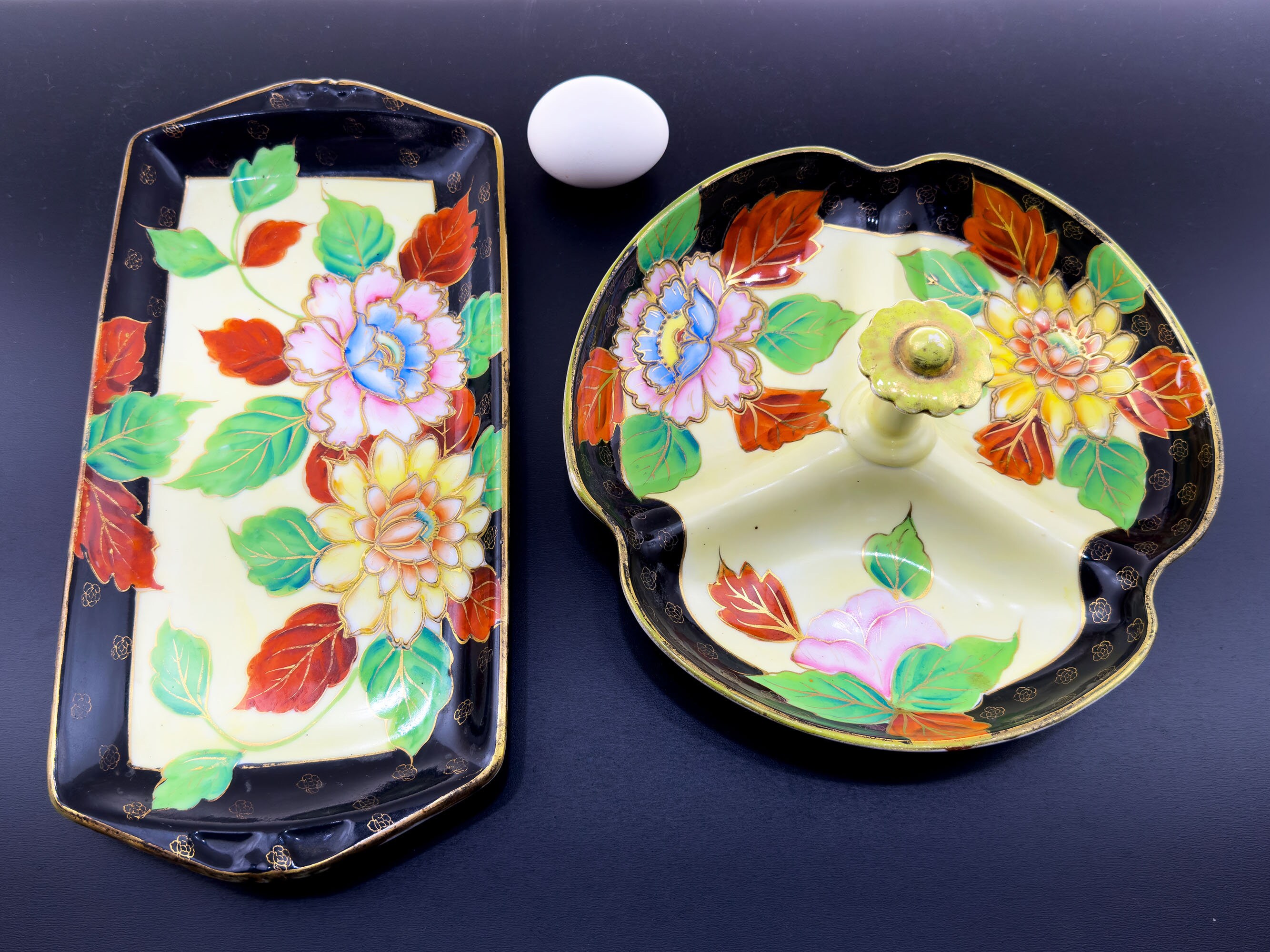 Japanese Ceramic Porcelain Hand Painted Floral Dessert Tid Bit Tray Set ...