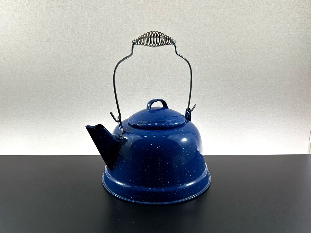 Vintage Blue and White Splattered Enamelware Tea Kettle With Wire ...