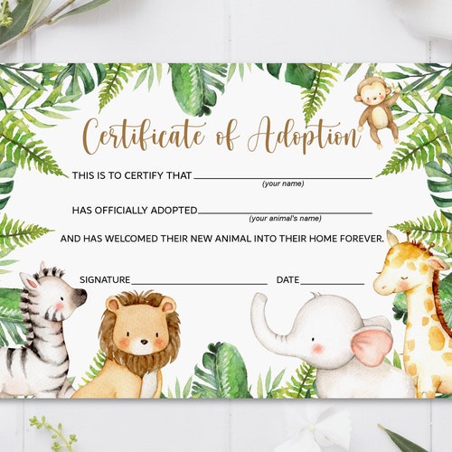 Adopt an Animal Sign Jungle Adoption Certificate Wild | Etsy