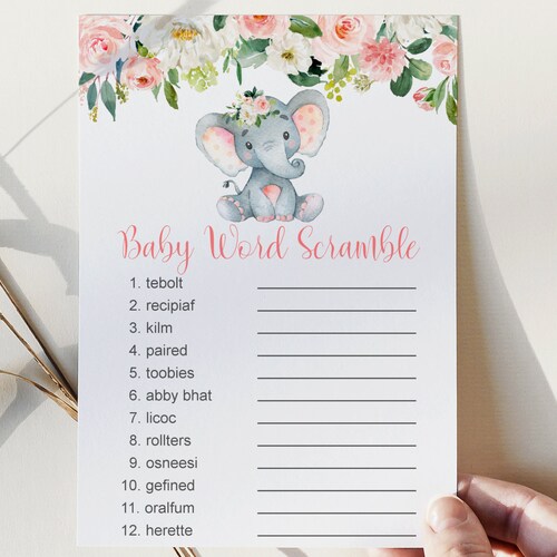 Pink Elephant Word Scramble Baby Shower Game Girl Elephant - Etsy