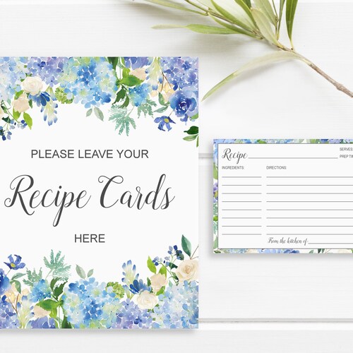 Floral Recipe Card Printable Watercolor Blue Hydrangeas and | Etsy