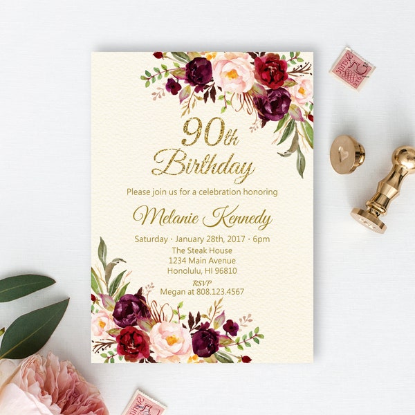 Custom 90th Birthday Invitation Flowers - Etsy
