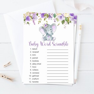 Elephant Baby Shower Game Baby Word Scramble Game Printable Purple ...