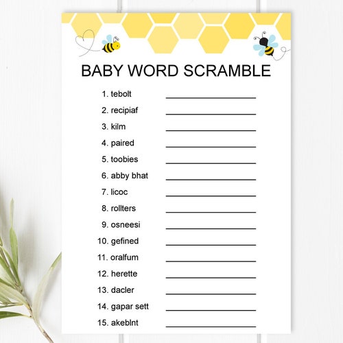 Baby Word Scramble Game Bumble Bee Baby Shower Game Printable | Etsy