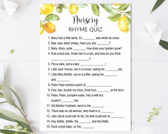 Lemon Nursery Rhyme Baby Shower Game Citrus Nursery Rhyme Quiz Game ...