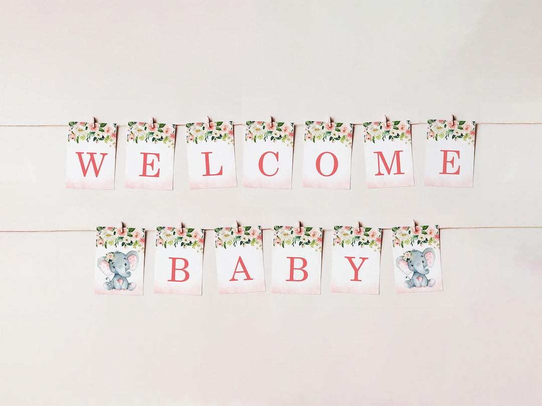 Editable Elephant Baby Shower Banner Pink Elephant Welcome Baby Banner ...