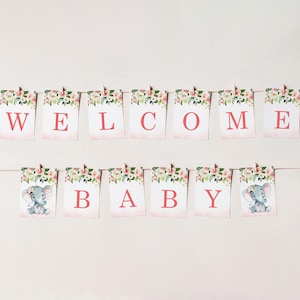 Editable Elephant Baby Shower Banner Pink Elephant Welcome Baby Banner ...