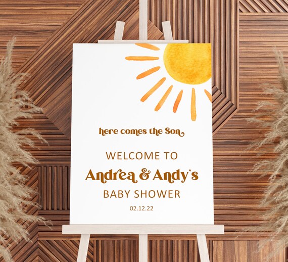 CUSTOM Sun Baby Shower Welcome Sign Retro Here Comes The Son Boho ...