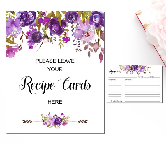 Purple Recipe Cards Printable Purple Bridal Shower Recipe Sign and Card ...