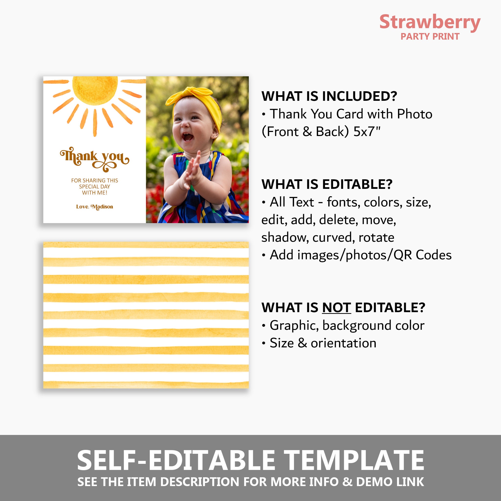 Editable Sun Photo Thank You Card First Trip Around the Sun Birthday ...