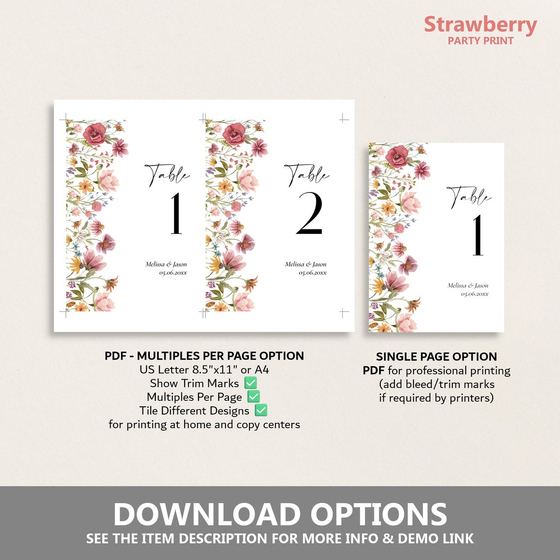 Editable Wildflower Table Number Card Template Floral Wedding Seating ...