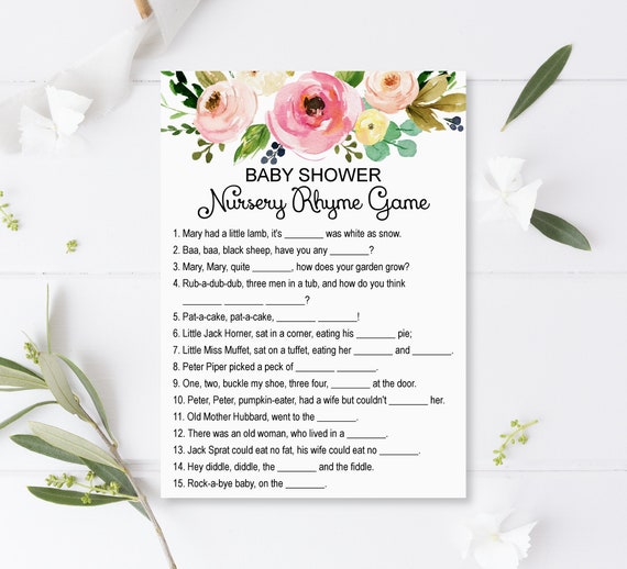 Nursery Rhyme Quiz Baby Shower Game Pink Blush Floral Baby Shower Game ...