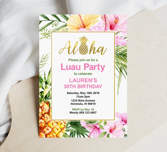 30th Birthday Tropical Birthday Invitation Aloha Birthday Pineapple ...
