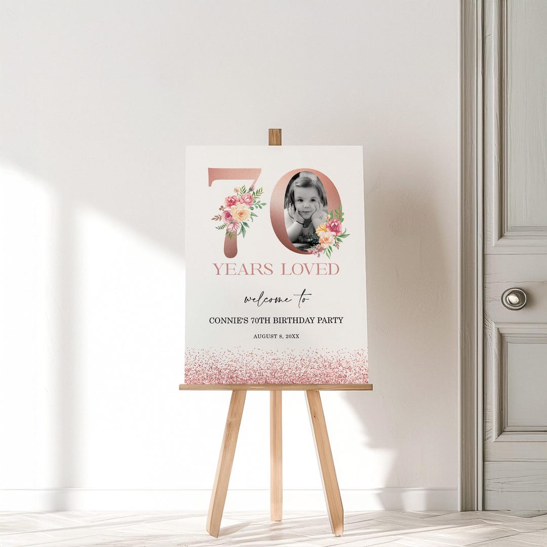Editable 70th Birthday Welcome Sign, 70 Years Loved Sign, Pink Rose ...