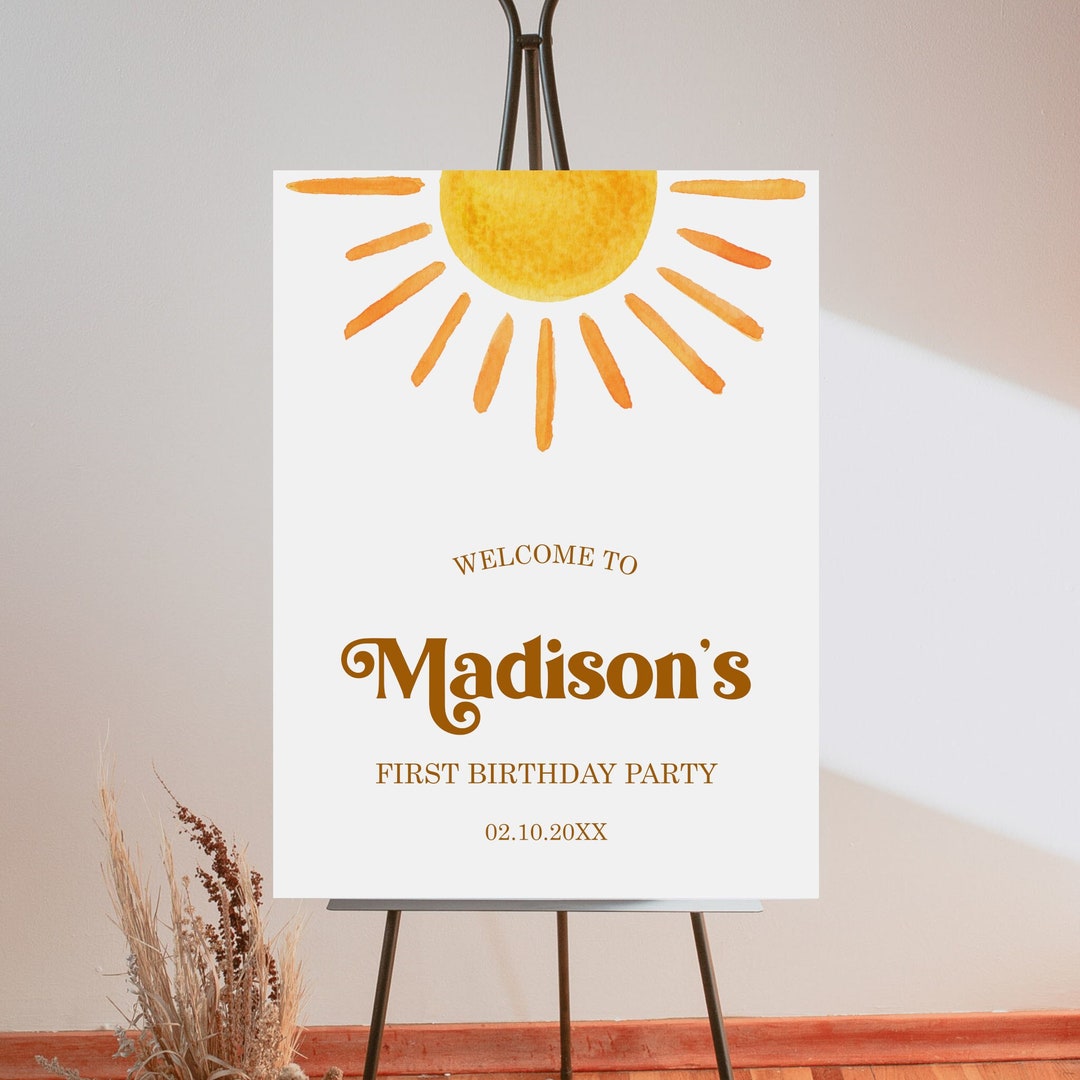Editable Sun Birthday Welcome Sign First Trip Around the Sun Retro Boho ...