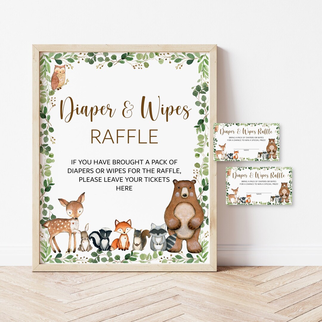 Diaper and Wipes Raffle Tickets and Sign Woodland Baby Shower Game ...