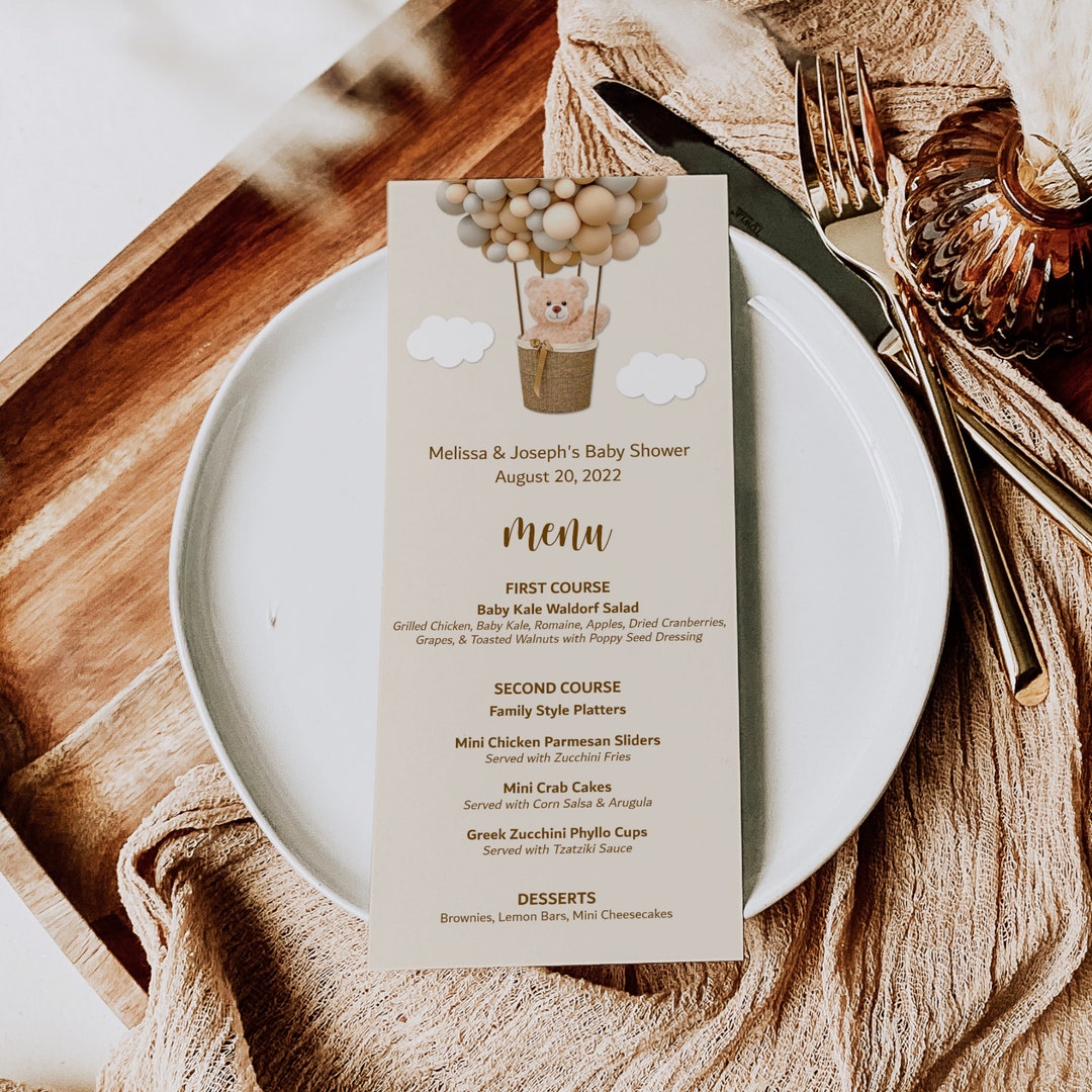 CUSTOM Teddy Bear Menu Card Printable We Can't Bearly Wait Bear Baby ...