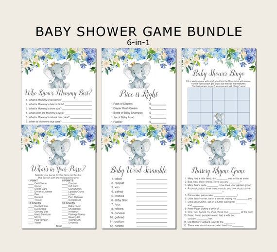 Elephant Baby Shower Games Printable Game Bundle Blue Elephant Boy Baby ...